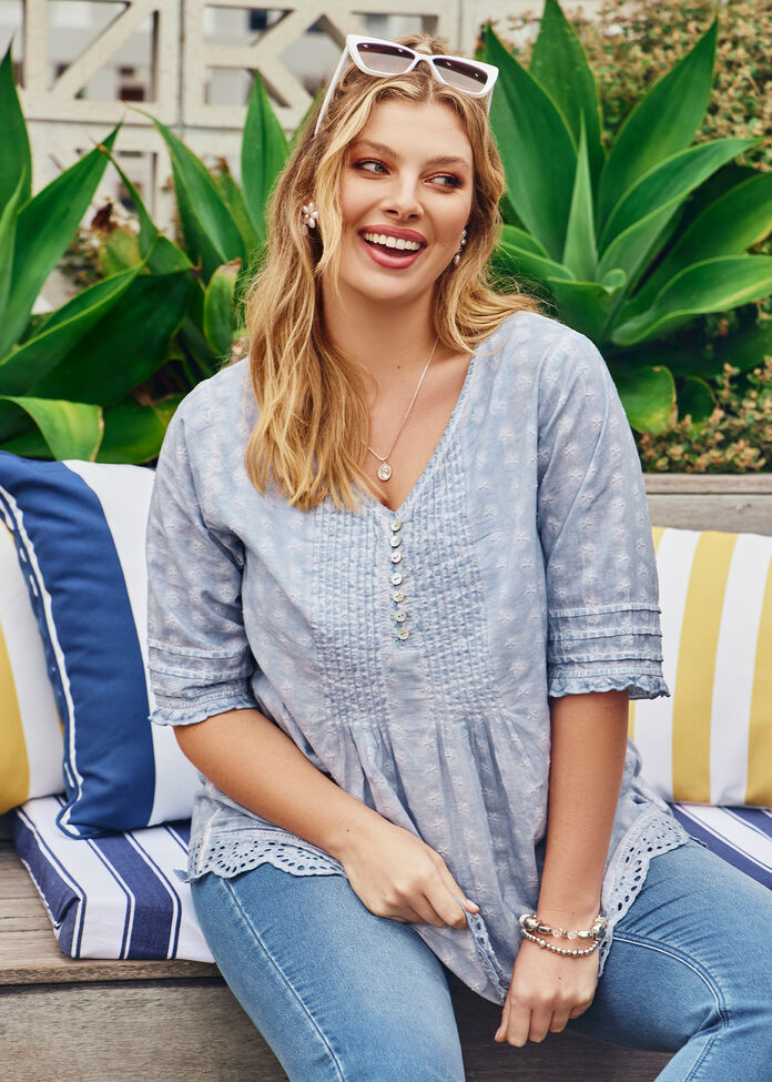 Shop Plus Size Cotton Dobby Pintuck Top, Blue | Taking Shape NZ
