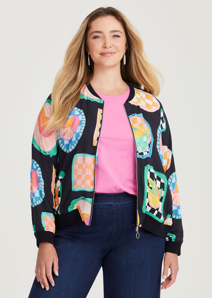 Shop Plus Size Natural Fruit Print Bomber Jacket, Multi | Taking Shape NZ