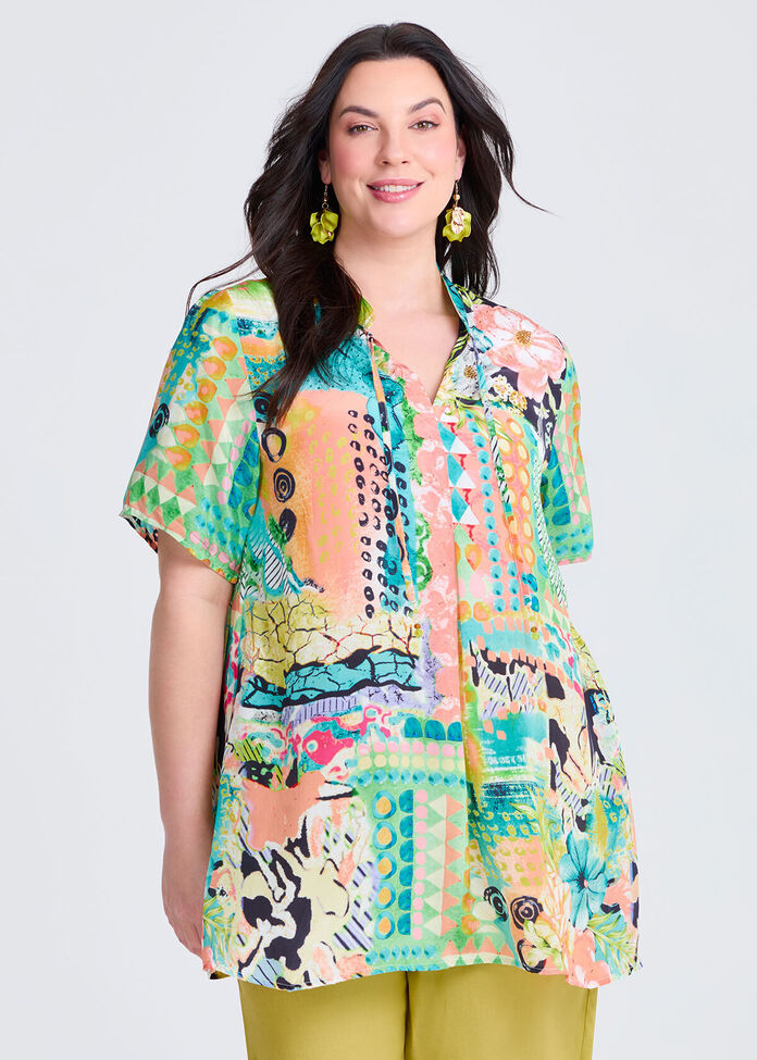Shop Plus Size Sunshine Tie Neck Natural Tunic, Print | Taking Shape AU