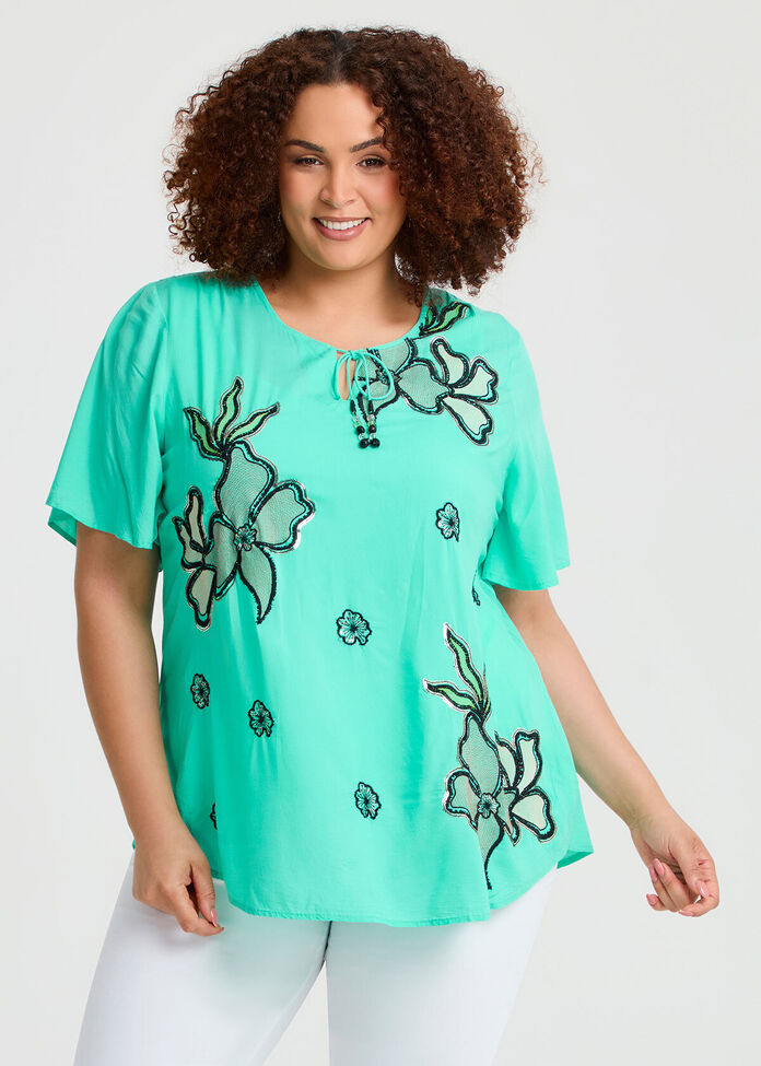 Shop Plus Size Sequin Embroidered Natural Top, Green | Taking Shape AU