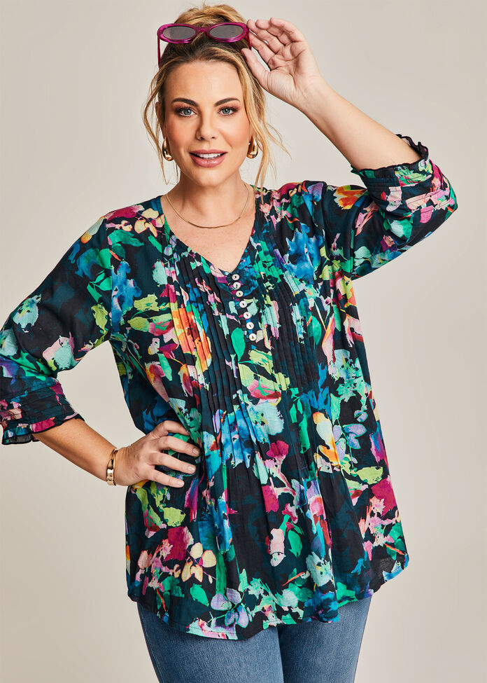 Shop Plus Size Cotton Watercolour Pintuck Top, Multi | Taking Shape AU