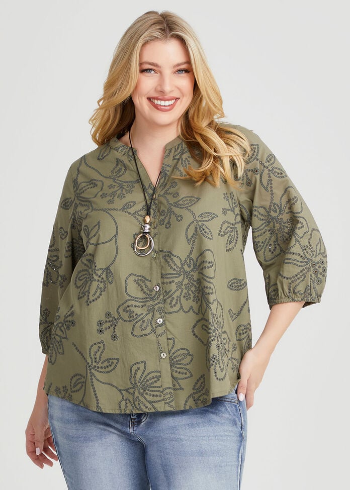 Shop Plus Size Cotton Laser Cut Print Top, Green | Taking Shape AU