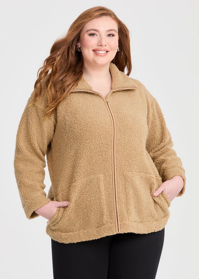 Shop Plus Size Teddy Zip Through Jacket, Brown | Taking Shape NZ