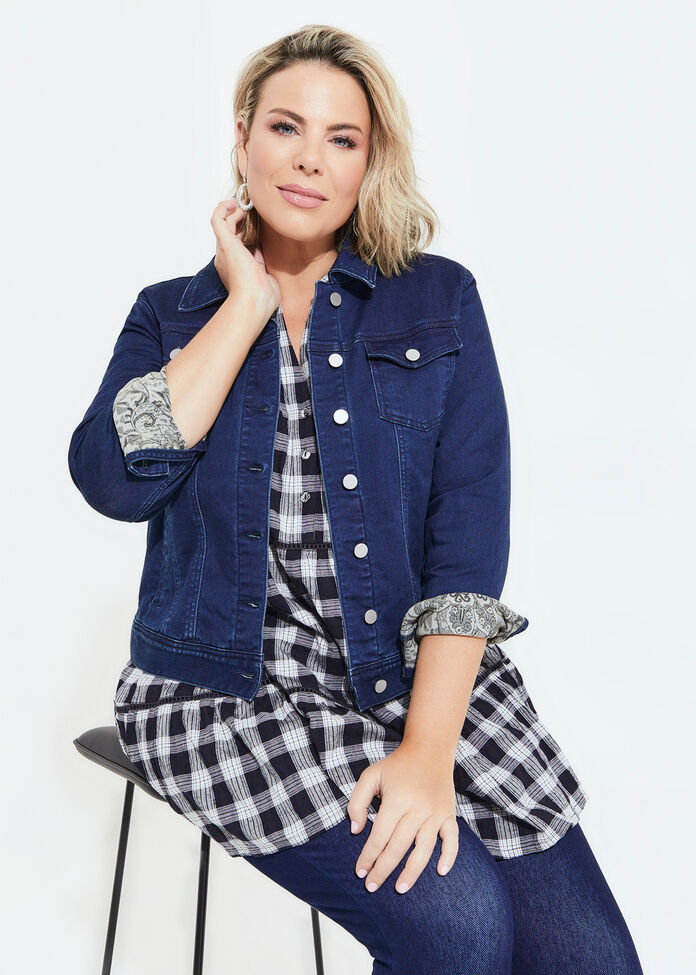 Shop Plus Size Inside Print Denim Jacket, Blue | Taking Shape AU