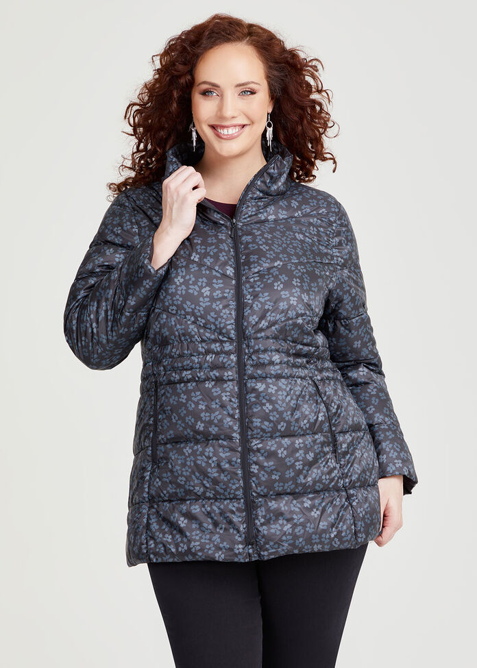 Shop Plus Size Mid Length Print Puffer Jacket, Black | Taking Shape AU