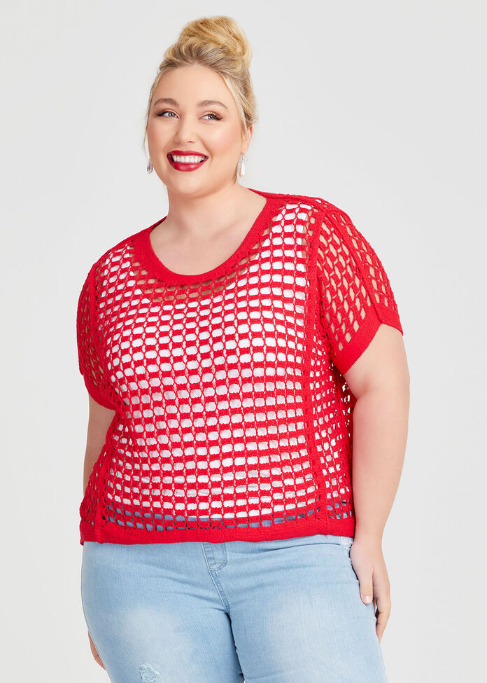 Plus Size Cotton Open Knit Crochet Top in Red | Taking Shape AU