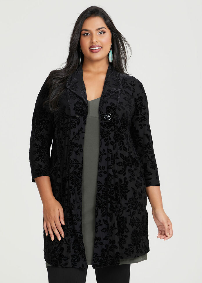 Shop Plus Size Mesh Velour Baroque Cardigan in Black | Taking Shape AU
