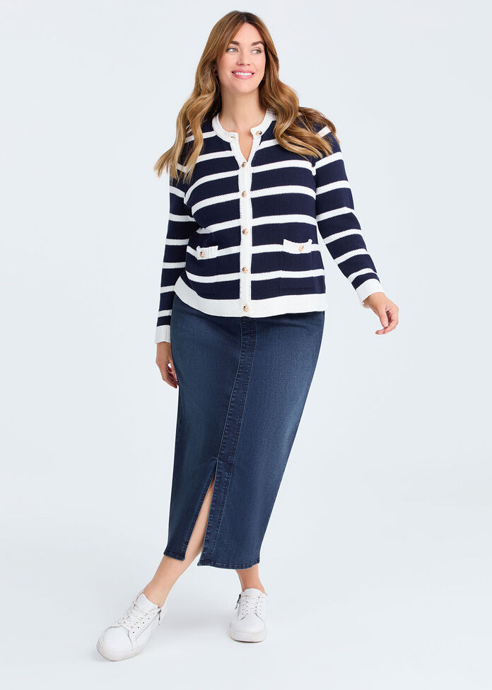Shop Plus Size Cotton Buttoned Stripe Cardigan, Navy | Taking Shape NZ