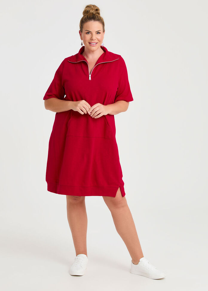 Shop Plus Size Zip Collar Short Sleeve Sweat Dress, Red | Taking Shape AU