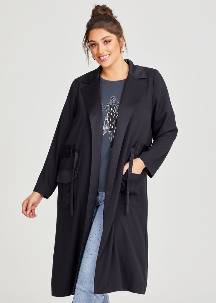 Shop Plus Size Satin Trim Long Trench Coat, Black | Taking Shape AU