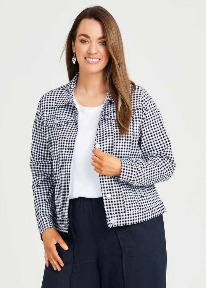 Shop Plus Size Natural Stretch Gingham Jacket, Blue | Taking Shape AU