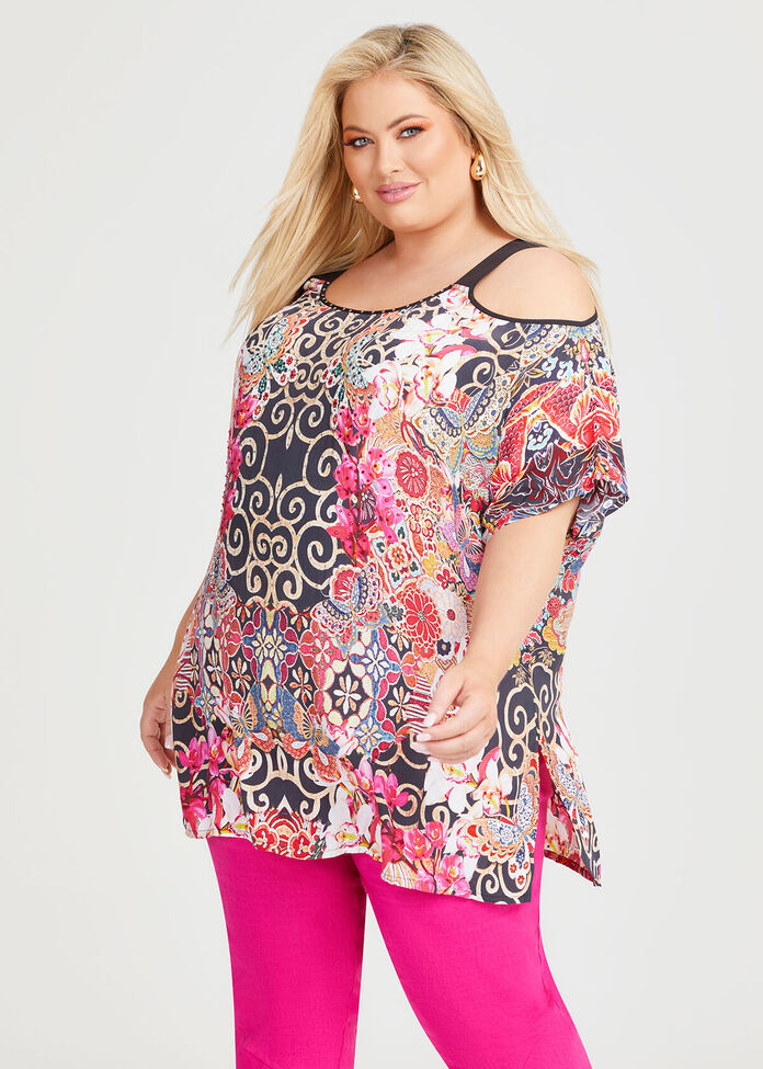 Plus Size Swirl Cold Shoulder Tunic Pink & Black | Taking Shape AU