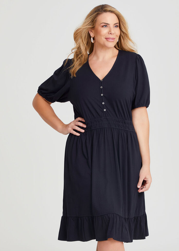 Plus Size Natural Shirred Waist Dress in Navy | Taking Shape NZ