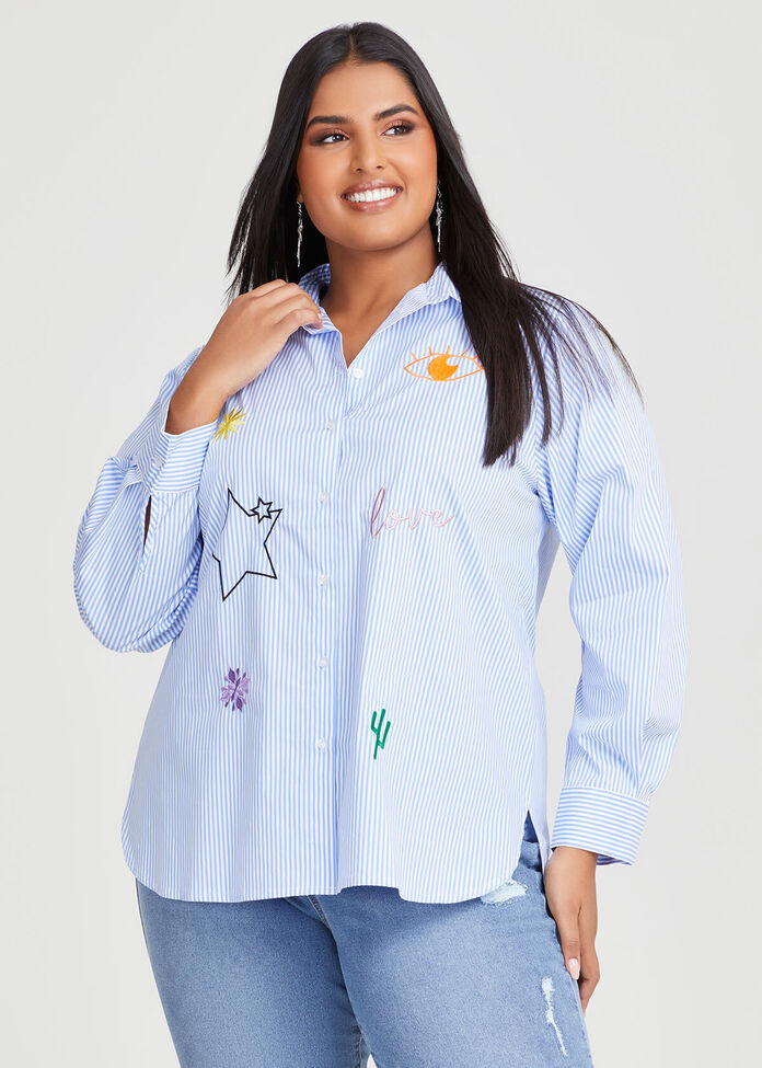Shop Plus Size Cotton Stripe Embroidery Shirt, Blue | Taking Shape AU