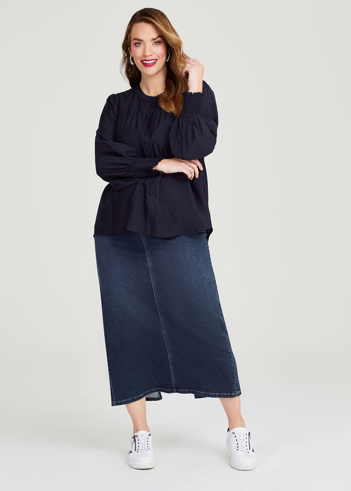 Shop Plus Size Split Back Denim Maxi Skirt, Blue | Taking Shape AU