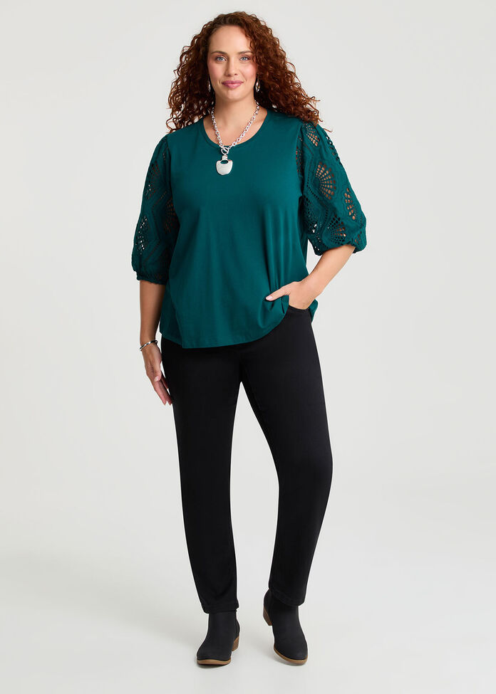 Shop Plus Size Cotton Broderie Sleeve Top, Green | Taking Shape NZ