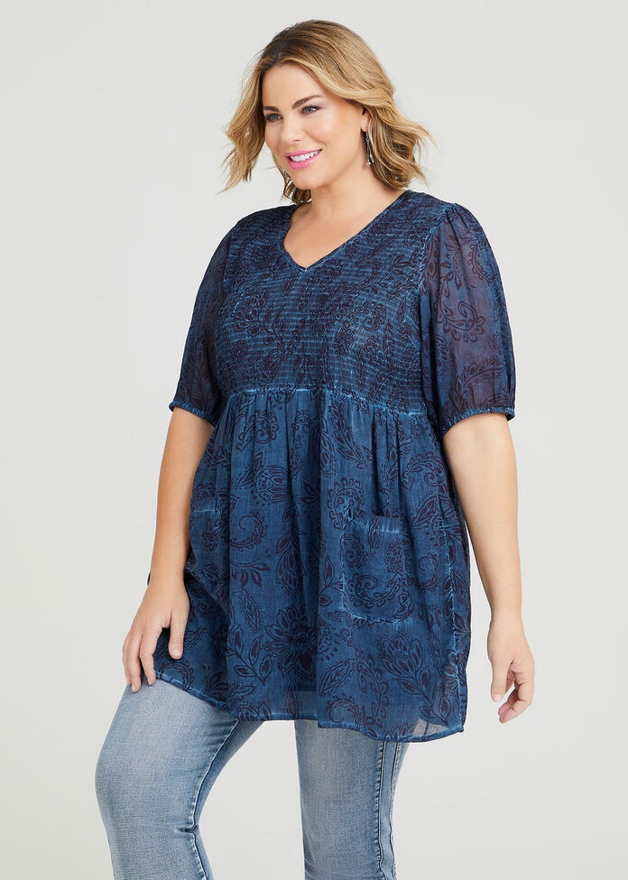 Shop Plus Size Cotton Pigment Print Shirred Tunic in Blue | Taking Shape AU