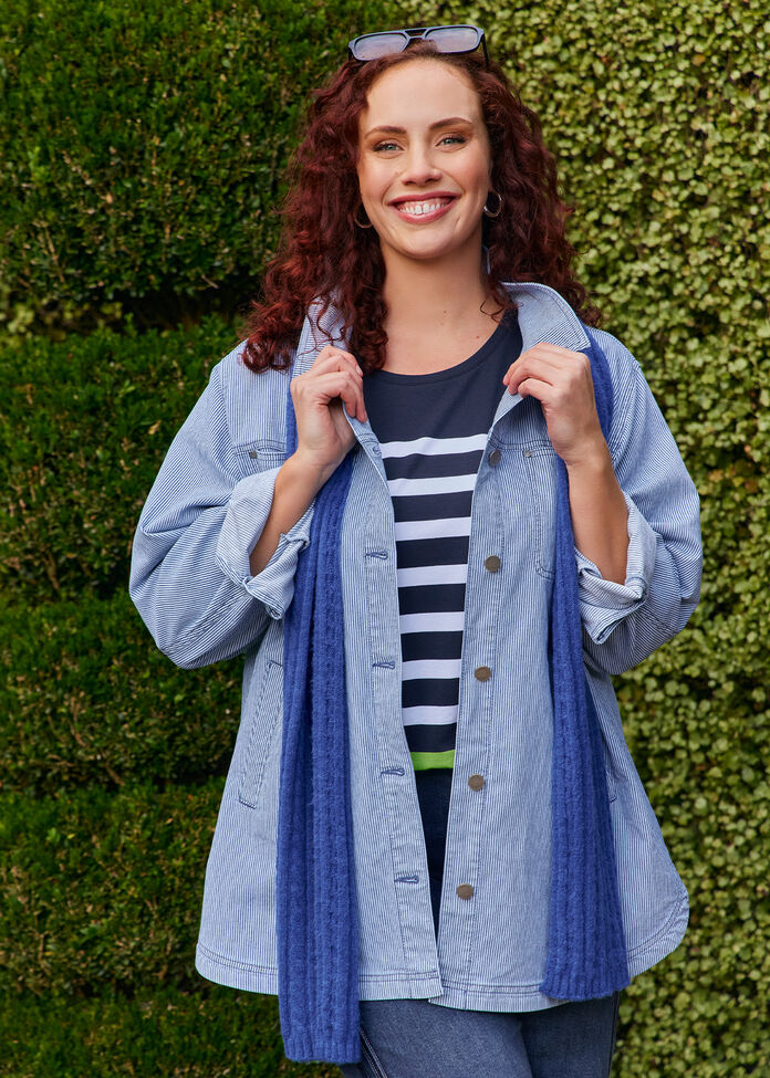 Shop Plus Size Denim Pinstripe Shacket, Multi | Taking Shape NZ