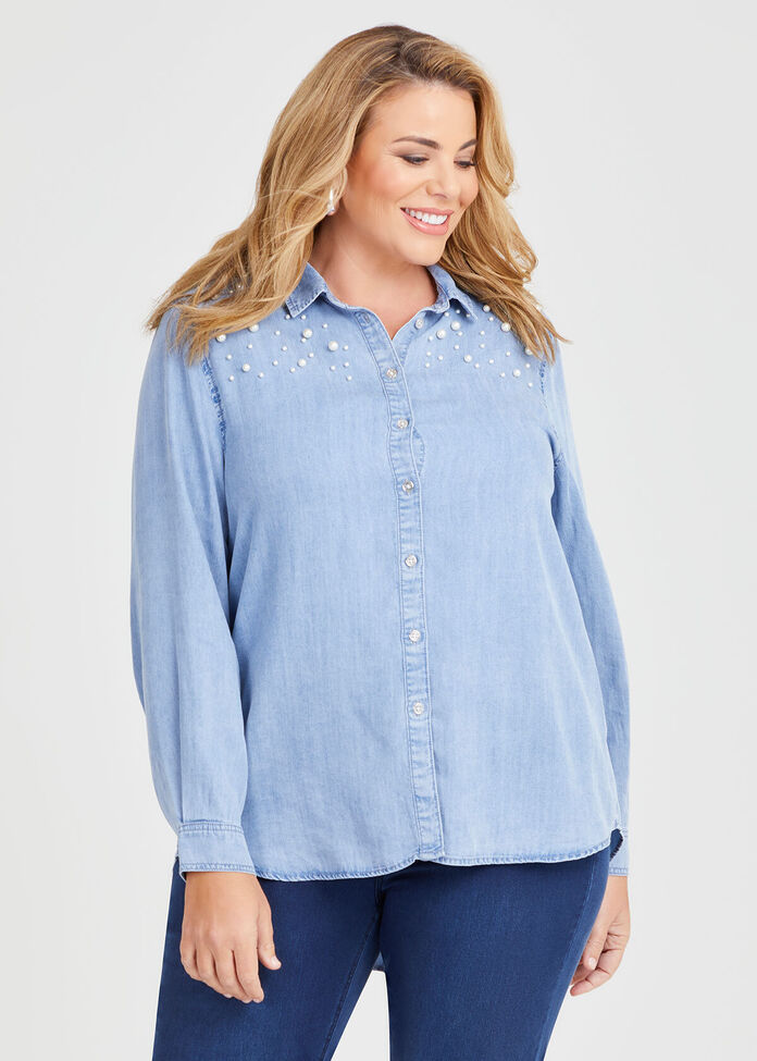 Shop Plus Size Natural Chambray Pearl Shirt, Blue | Taking Shape AU