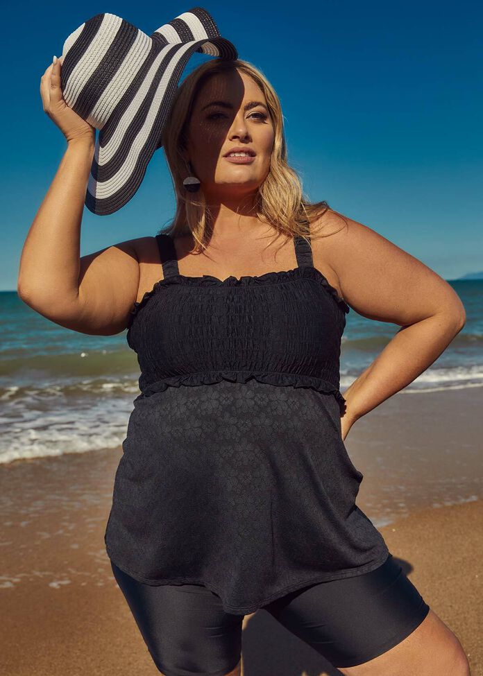 Shop Plus Size Shirred Bodice Textured Tankini, Black | Taking Shape AU