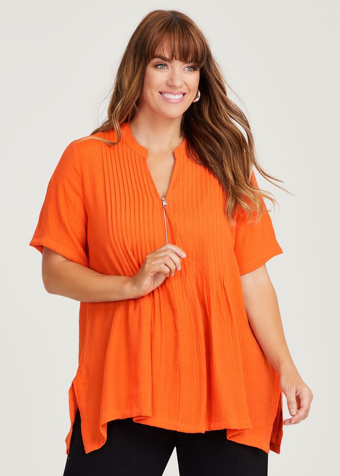 Shop Plus Size Zoe Zip Neck Pintuck Crinkle Top, Orange | Taking Shape NZ