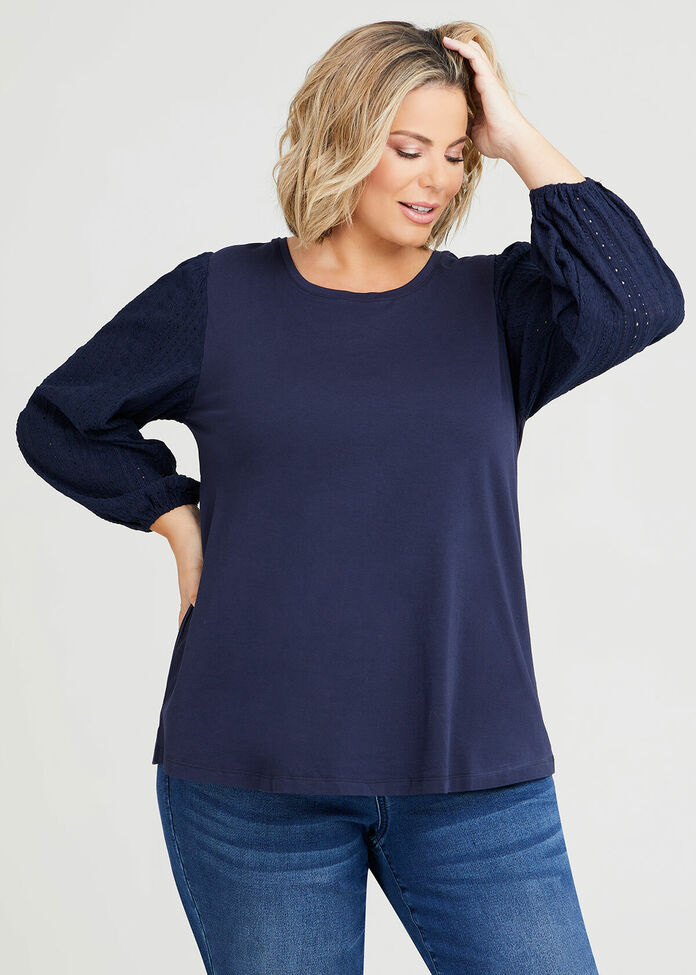 Shop Plus Size Cotton Knit Lace Sleeve Top, Blue | Taking Shape AU