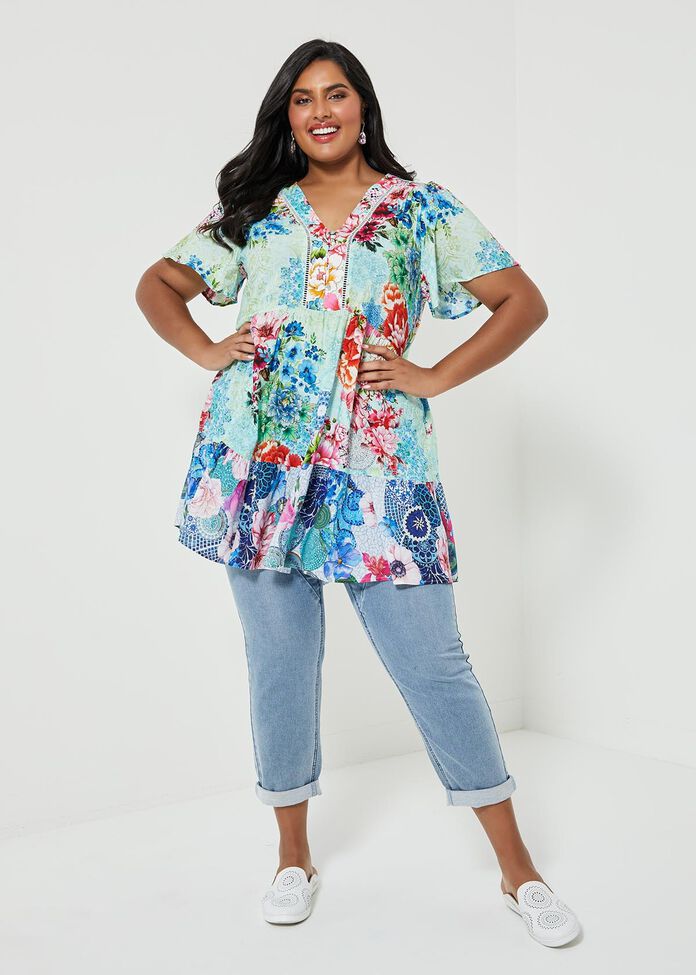 Shop Plus Size Natural Floral Tile Boho Tunic, Print | Taking Shape AU