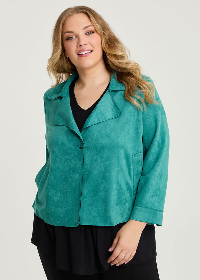 Shop Plus Size Faux Suede Crop Swing Jacket, Green | Taking Shape NZ
