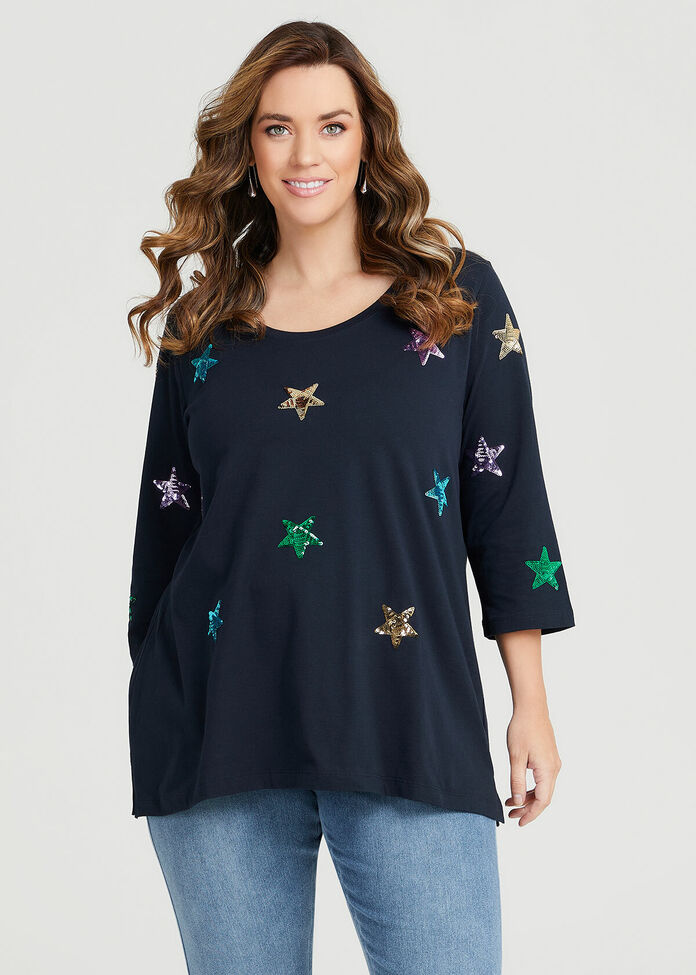 Shop Plus Size Cotton Sequin Coloured Star Top, Blue | Taking Shape AU