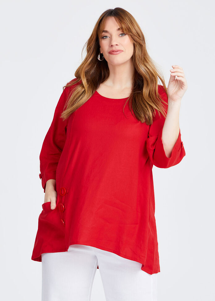 Shop Plus Size Stretch Linen Tab Button Tunic, Red | Taking Shape AU