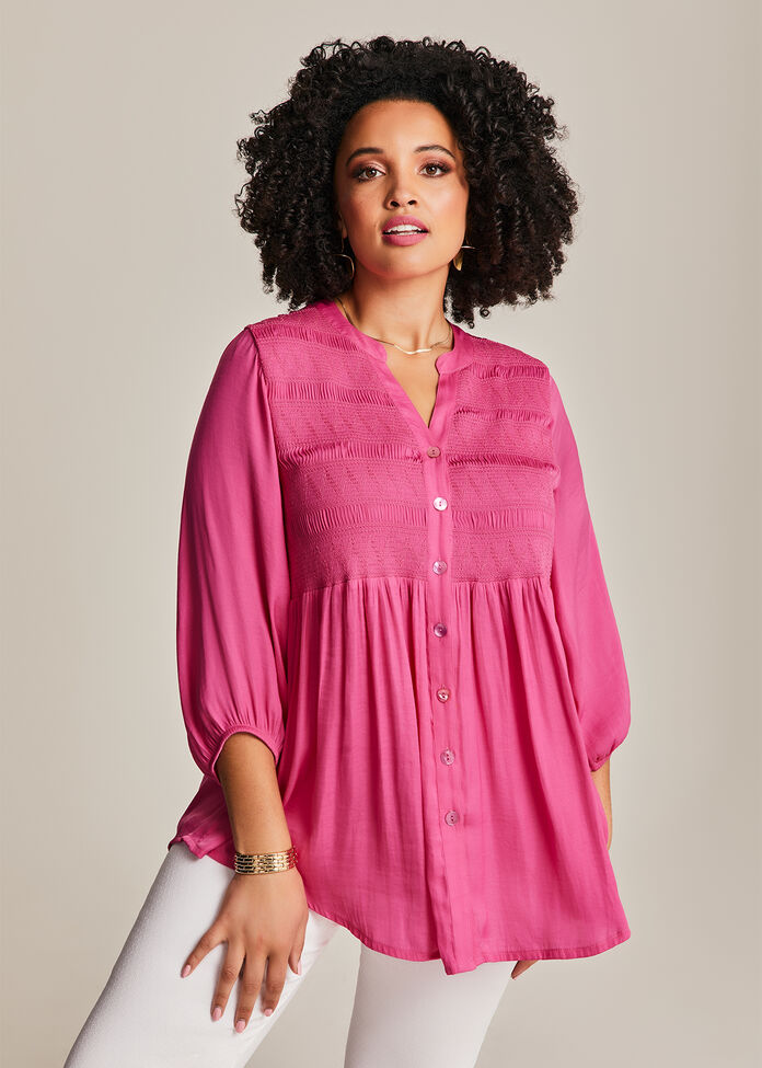 Shop Plus Size Shirred Luxe Button Tunic, Red | Taking Shape NZ
