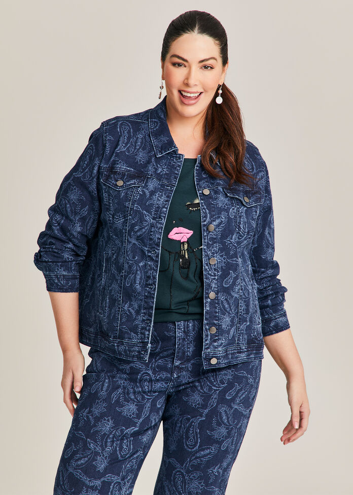 Plus Size Women's Navy Floral Denim Jacket | Taking Shape AU