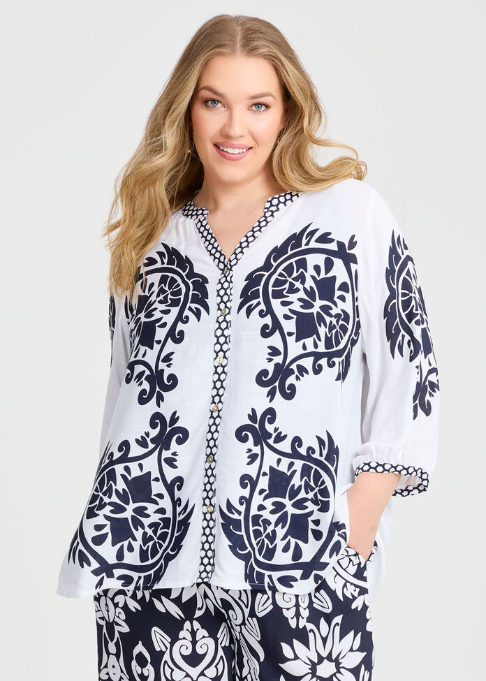 Shop Plus Size Nevis Rococo Button Thru Top, Multi | Taking Shape AU