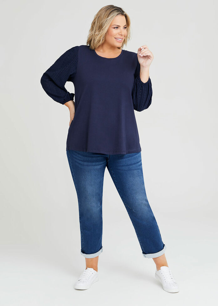 Shop Plus Size Cotton Knit Lace Sleeve Top, Blue | Taking Shape AU