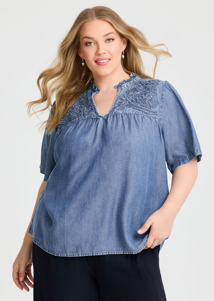 Shop Plus Size Lyocell Yoke Applique Top, Blue | Taking Shape AU