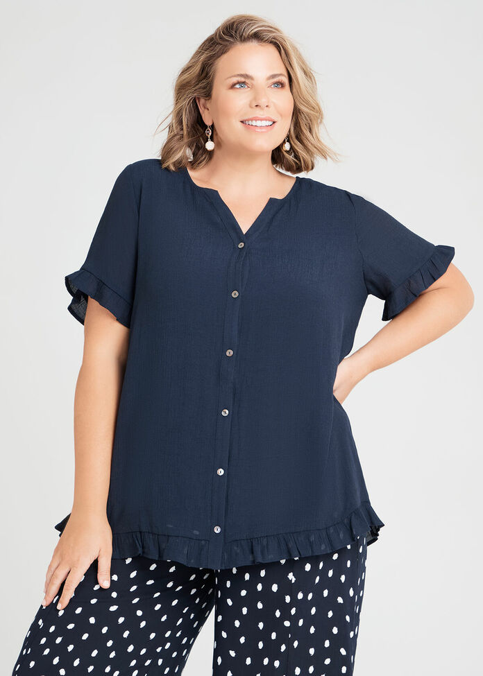 Shop Plus Size Natural Frilly Button Top in Navy | Taking Shape AU