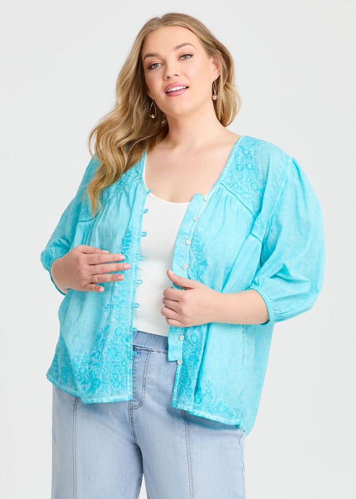 Shop Plus Size Cotton Tonal Embroidery Top, Blue | Taking Shape NZ