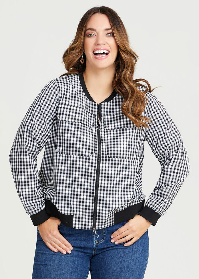 Shop Plus Size Mini Gingham Bomber Jacket in Black | Taking Shape NZ