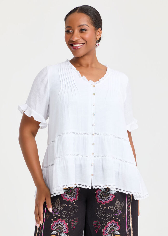 Shop Plus Size Natural Lace Trim Button Top, White | Taking Shape NZ