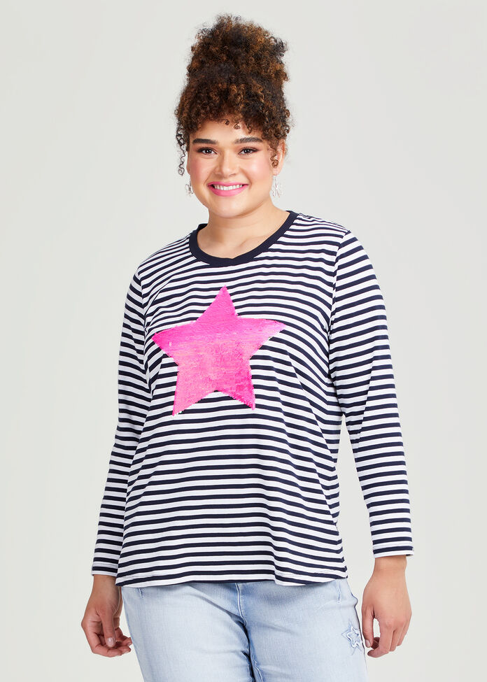Shop Plus Size Cotton Sequin Star Stripe Top, Blue | Taking Shape AU