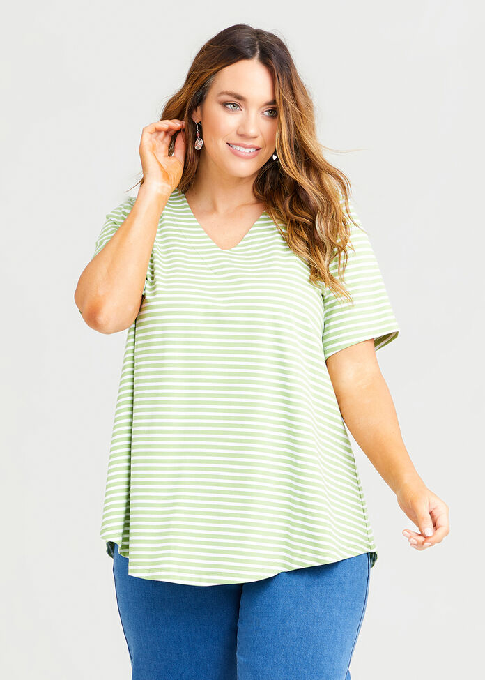 Shop Plus Size Organic V-neck Stripe Basic Tee in Green | Sizes 12-30 | Taking Shape UK