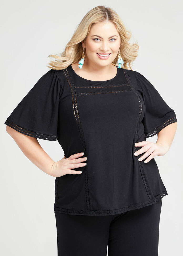 Shop Plus Size Natural Sicily Lace Trim Top in Black | Sizes 12-30 ...