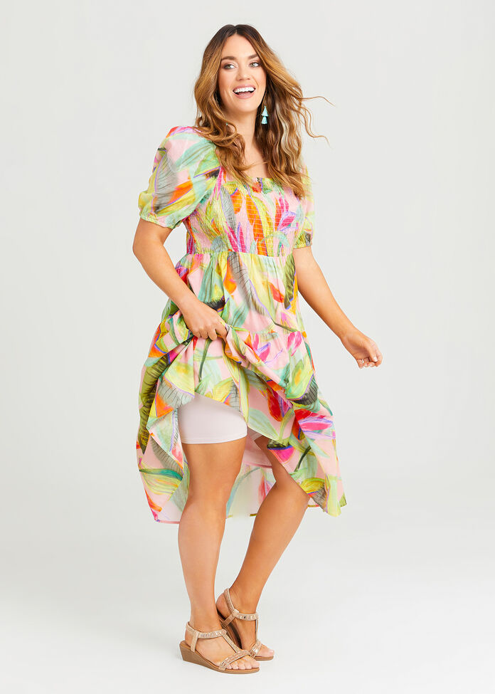 Shop Plus Size Cotton Shirred Tropical Dress in Multi | Taking Shape AU