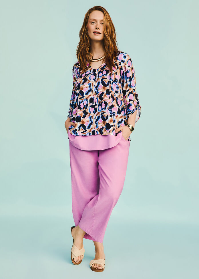 Shop Plus Size Button Hem Stretch Linen Pant, Pink | Taking Shape AU