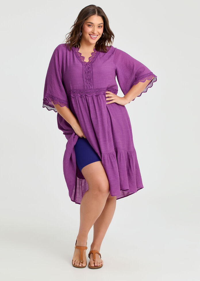 Shop Plus Size Natural Lace Trim Tiered Dress, Purple | Taking Shape NZ