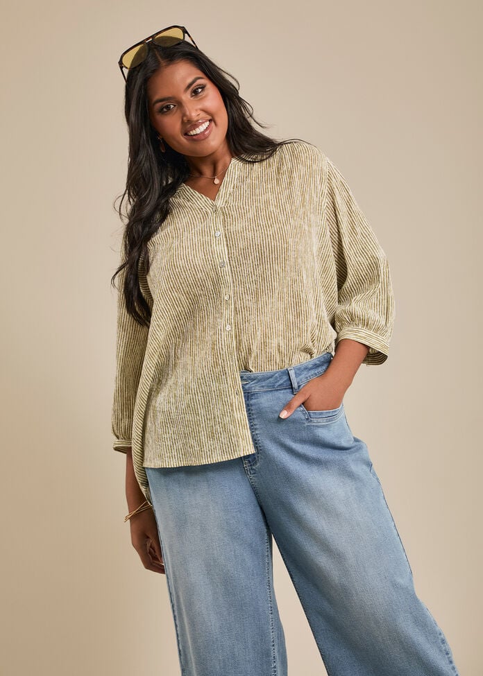 Shop Plus Size Cotton Stripe Button Top, Green | Taking Shape NZ