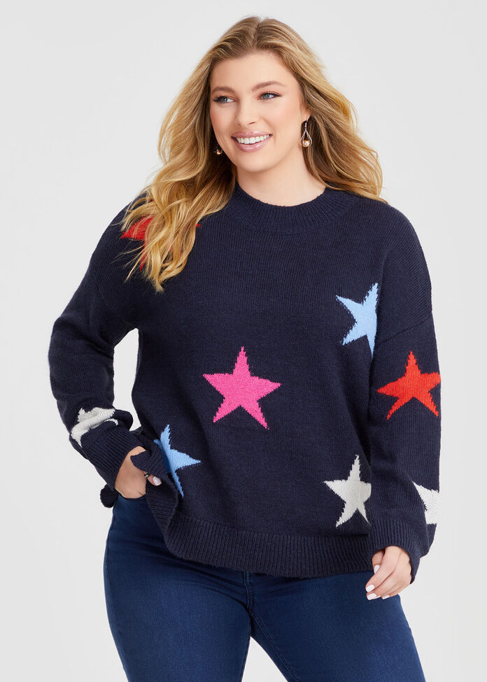 Plus Size Blue Multicolour Star Crew Neck Jumper | Taking Shape NZ