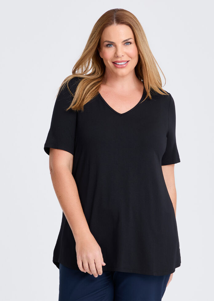 Shop Plus Size Bamboo Base V Neck Short Sleeve Top, Black | Taking Shape UK