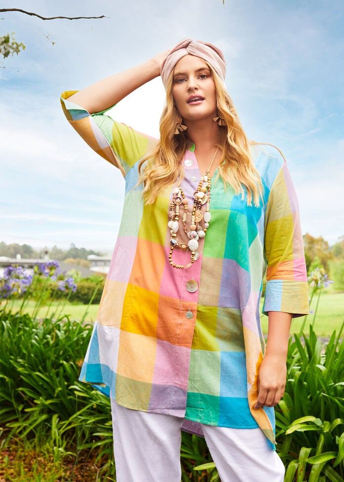 Shop Plus Size Check Linen Bamboo Shirt in Multi | Taking Shape AU