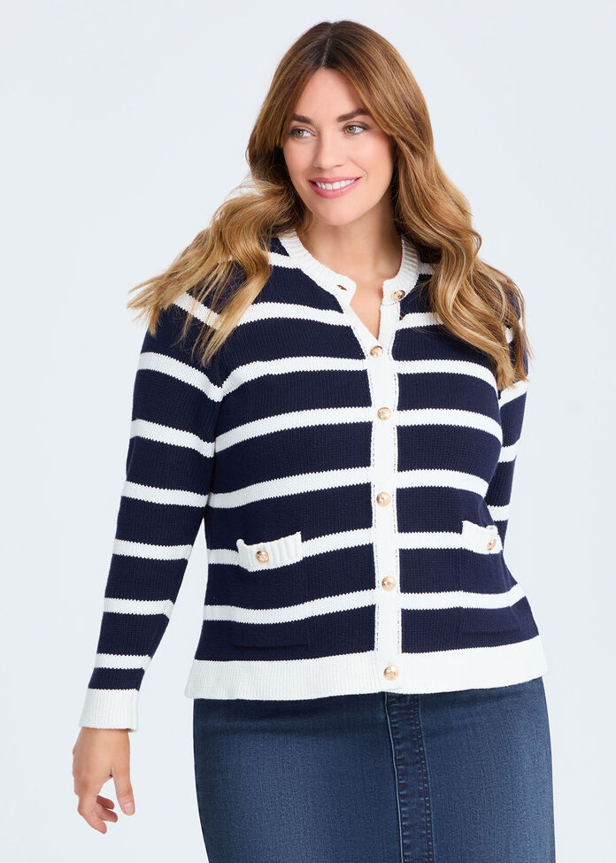 Shop Plus Size Cotton Buttoned Stripe Cardigan, Navy | Taking Shape NZ